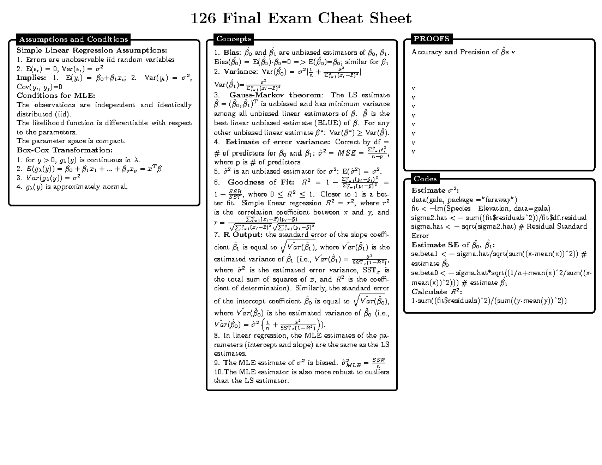 126 Cheat Sheet - 126 Final Exam Cheat Sheet Simple Linear Regression ...