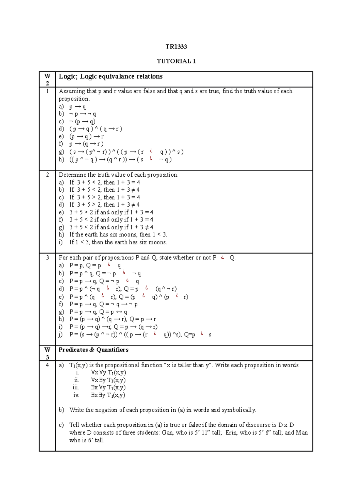T1-Discrete Math - Lecture Notes - TR TUTORIAL 1 W 2 Logic; Logic ...