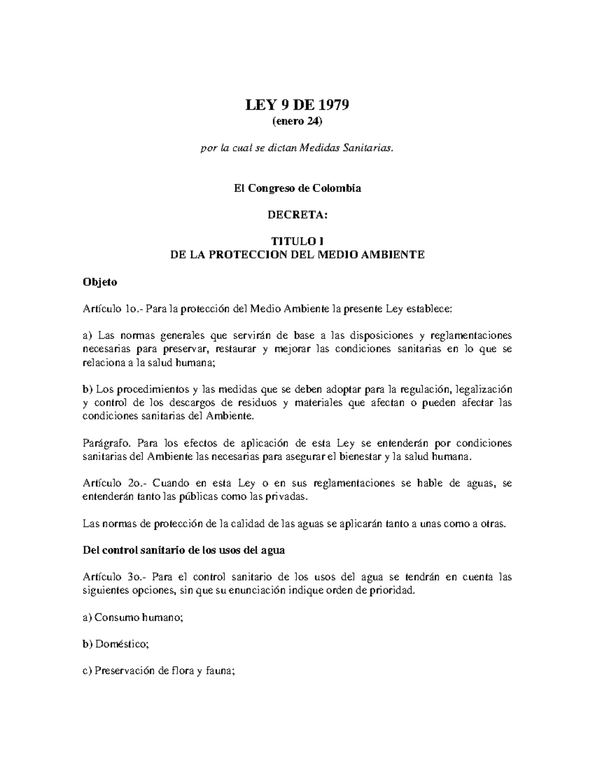 Ley 9 de 1979 Codigo Sanitario Nacional - LEY 9 DE 1979 (enero 24) por ...