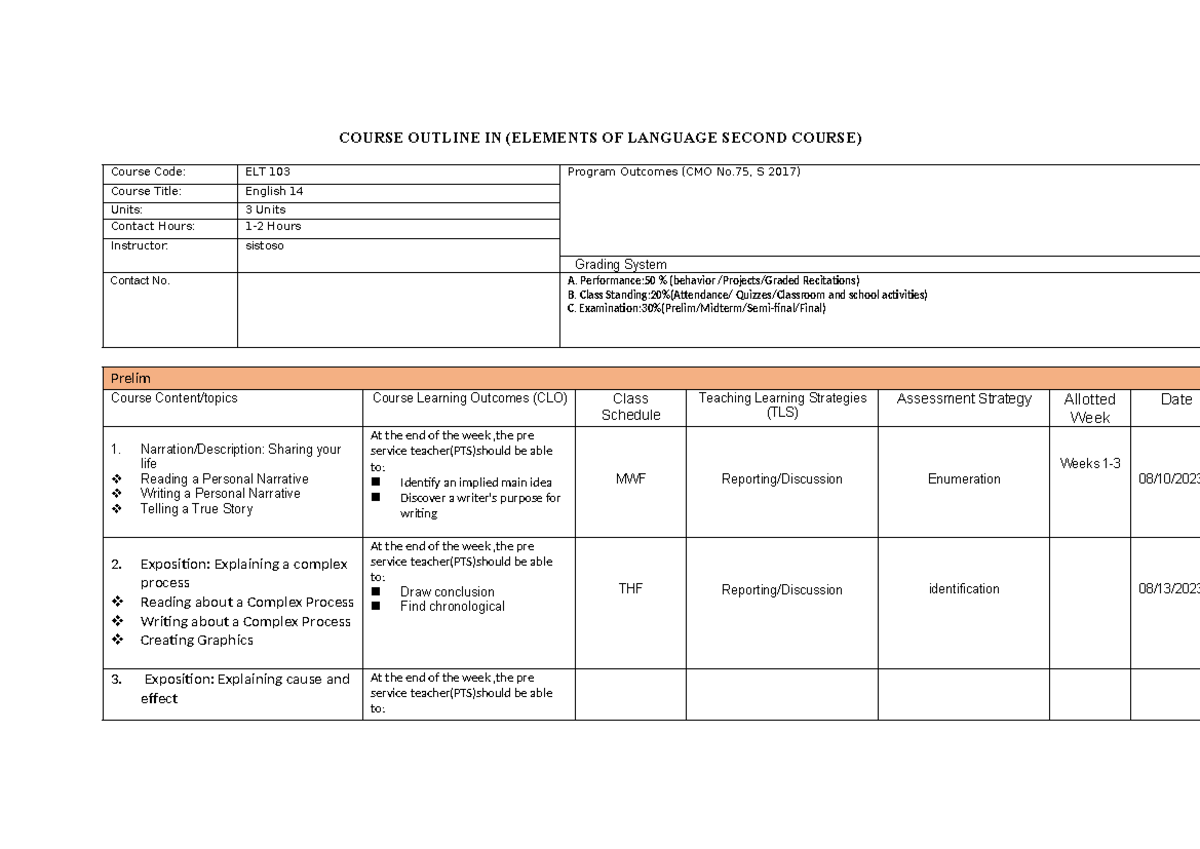 Course Outline IN sistoso - COURSE OUTLINE IN (ELEMENTS OF LANGUAGE ...