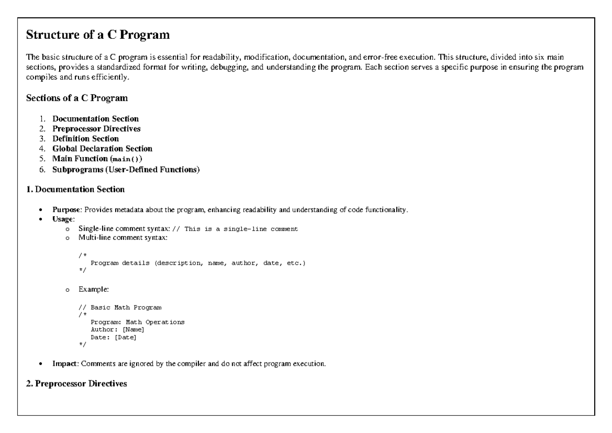 Mid-1 Q's - refgvewbe - Structure of a C Program The basic structure of a C program is essential ...