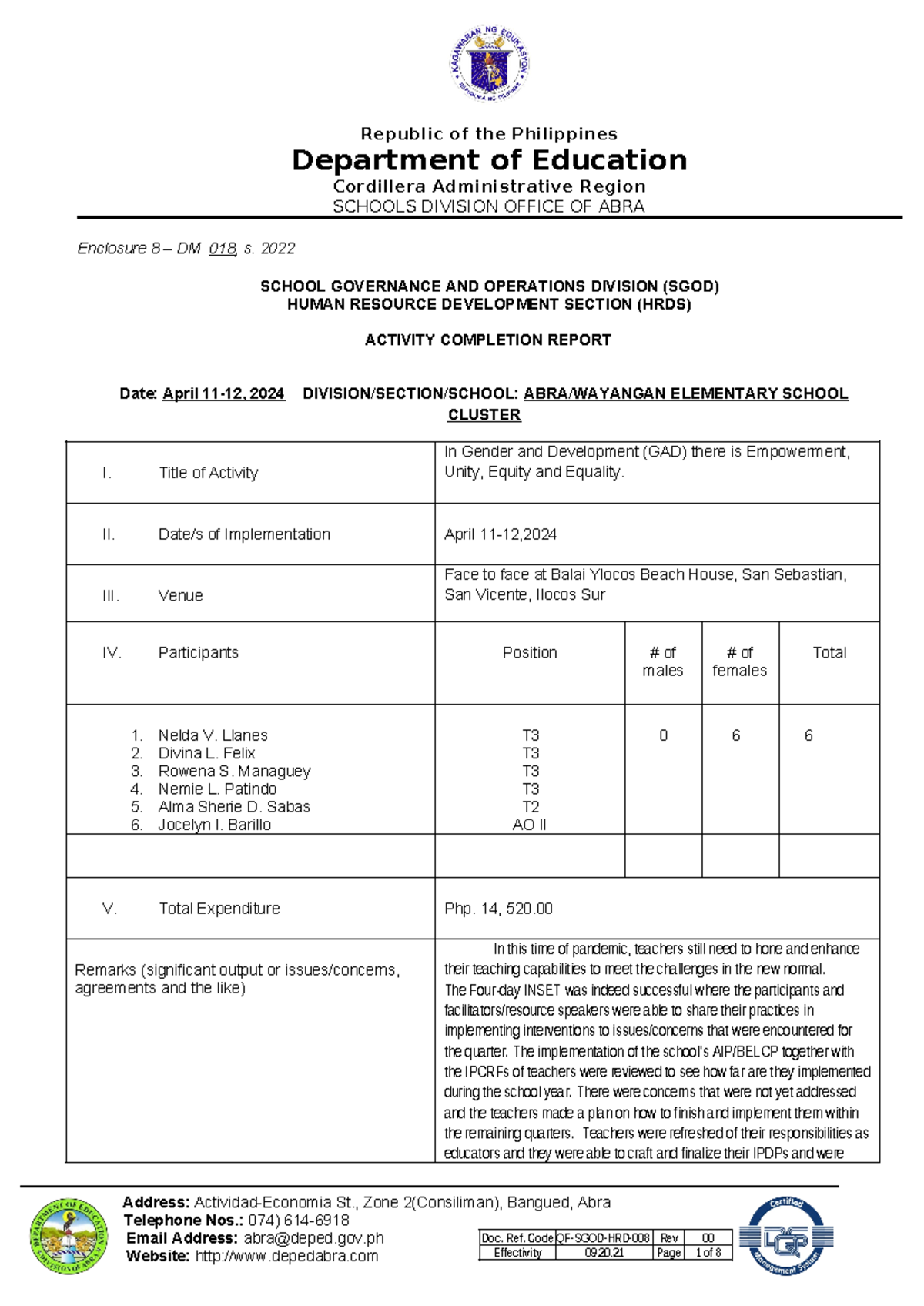 an example of an after activity completion reports needed after ...
