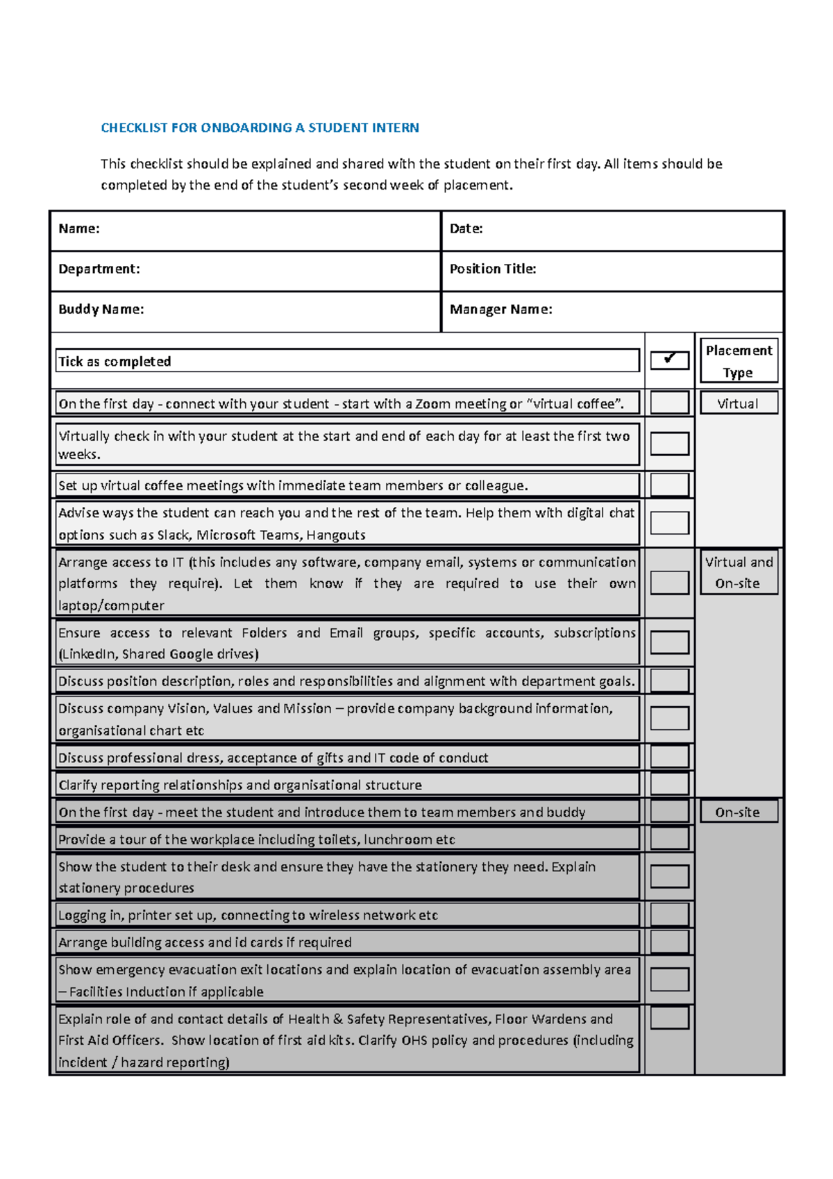Checklist for onboarding a student intern - CHECKLIST FOR ONBOARDING A ...