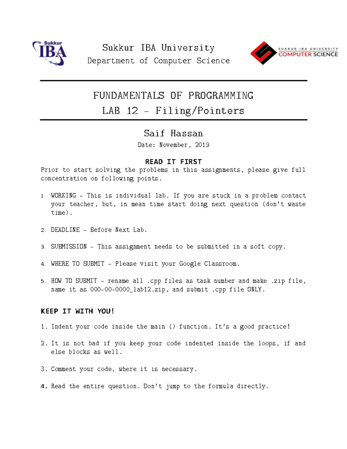 Lab 12 cs121 filing - Sukkur IBA University Department of Computer Science FUNDAMENTALS OF - Studocu