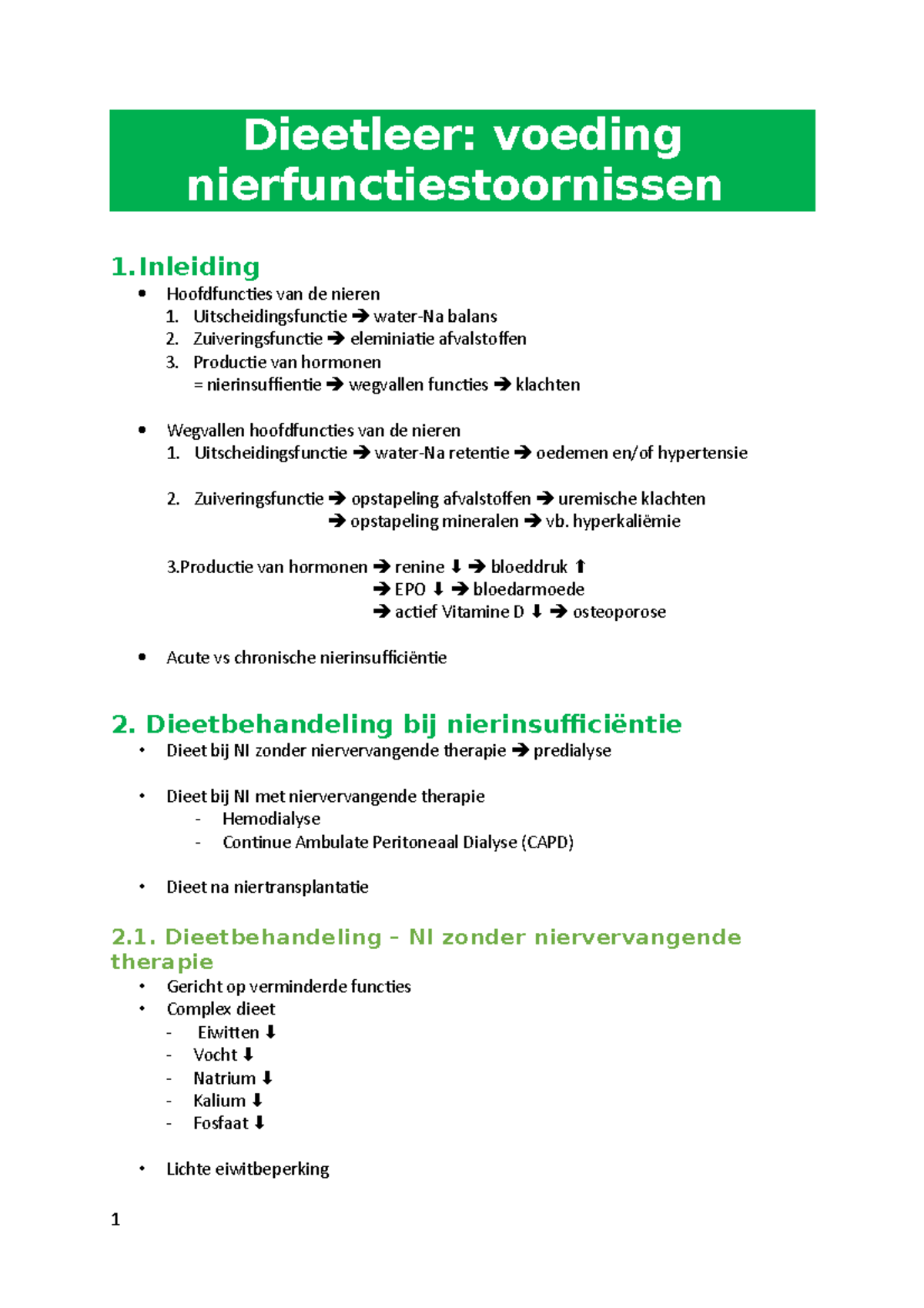 Dieetleer leerpad B: voeding nierfunctiestoornissen - Dieetleer ...