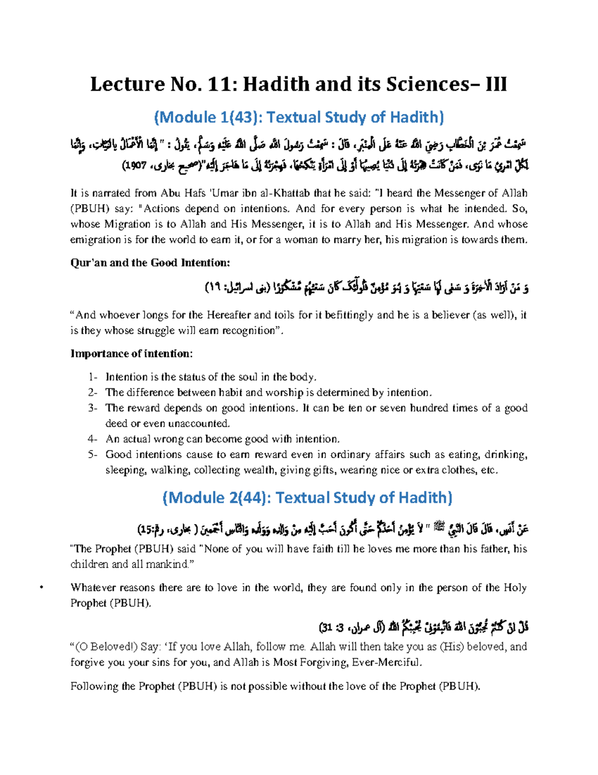 Handouts Lecture 11 ISL 202 (English) - Lecture No. 11: Hadith and its Sciences– III (Module 1 ...