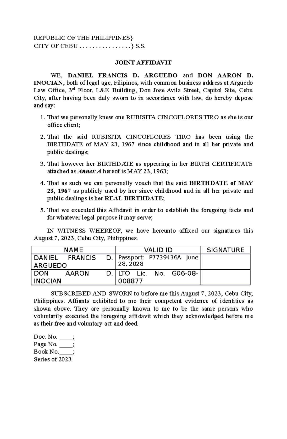 Joint Affidavit - REPUBLIC OF THE PHILIPPINES} CITY OF CEBU............... .} S. JOINT AFFIDAVIT ...
