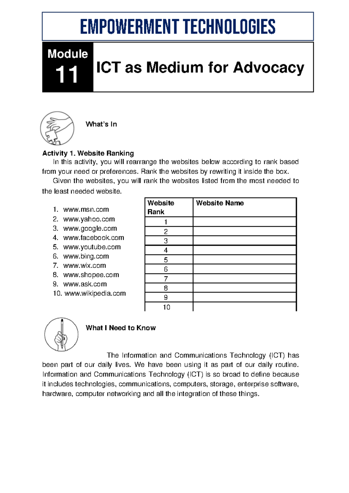 Empowerment Module 11 12 - Empowerment technologies Module 11 ICT as Medium for Advocacy What’s ...