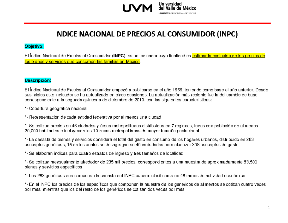 Actividad 10 INPC - 1 NDICE NACIONAL DE PRECIOS AL CONSUMIDOR (INPC) Objetivo: El Índice ...