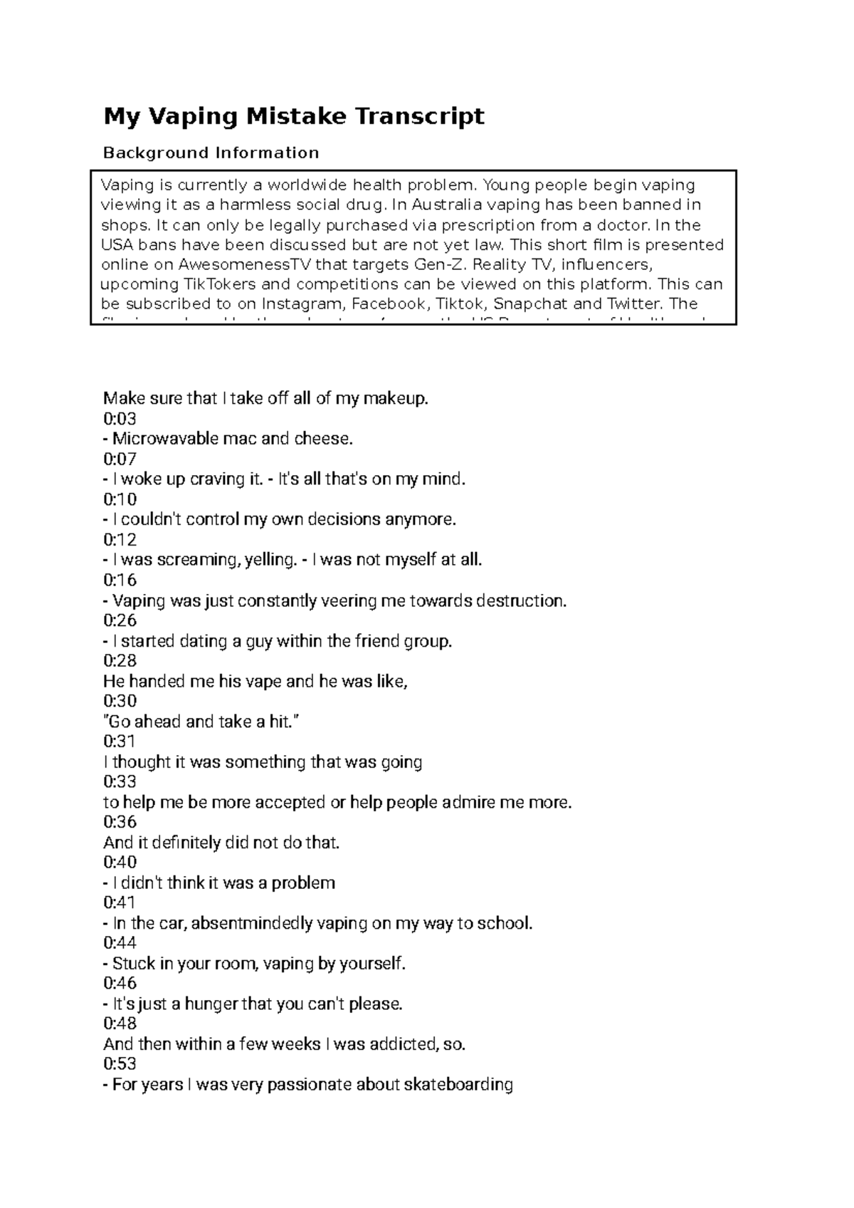 Awesomeness TV transcript - My Vaping Mistake Transcript Background ...
