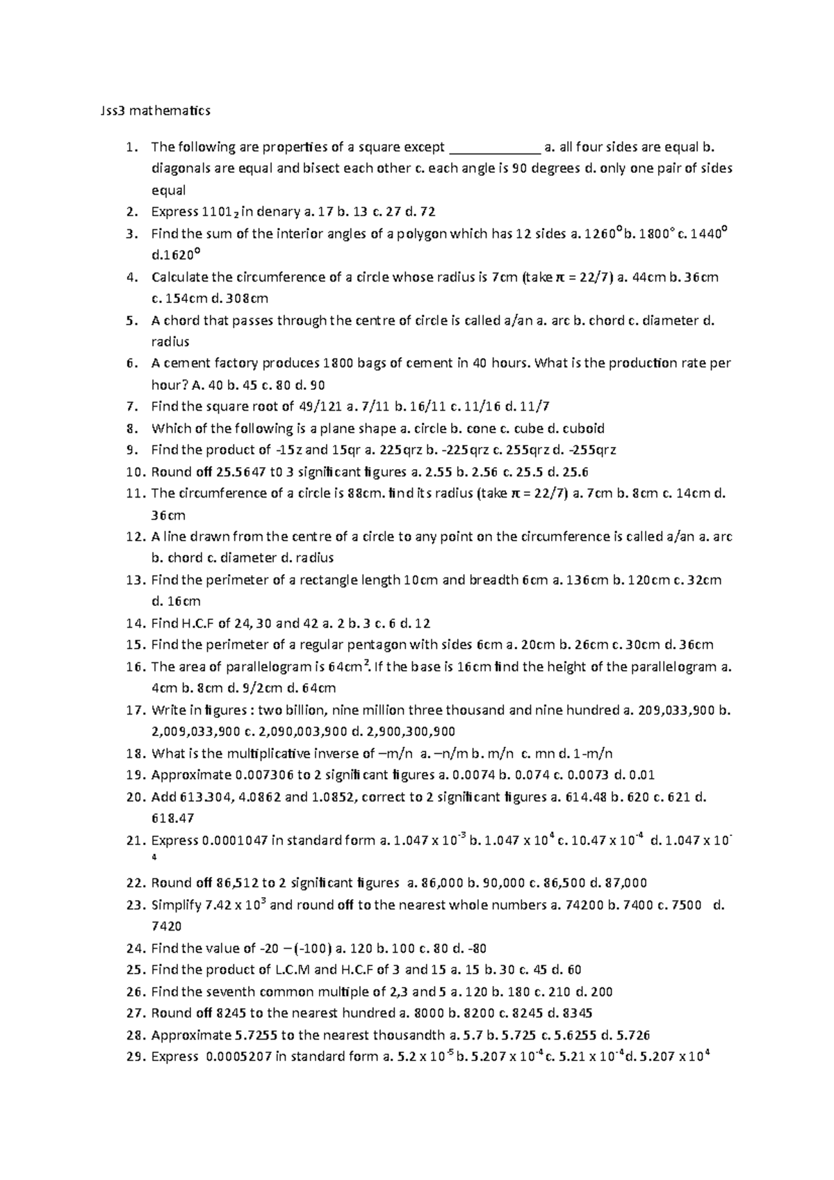 Jss3 mathematics - Jss3 mathematics The following are properties of a ...