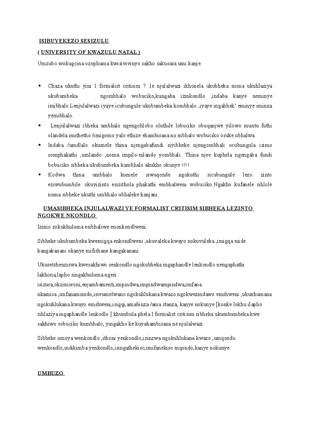 Isibuyekezo Sesizulu , Unjulwalazi - ISIBUYEKEZO SESIZULU ( UNIVERSITY ...