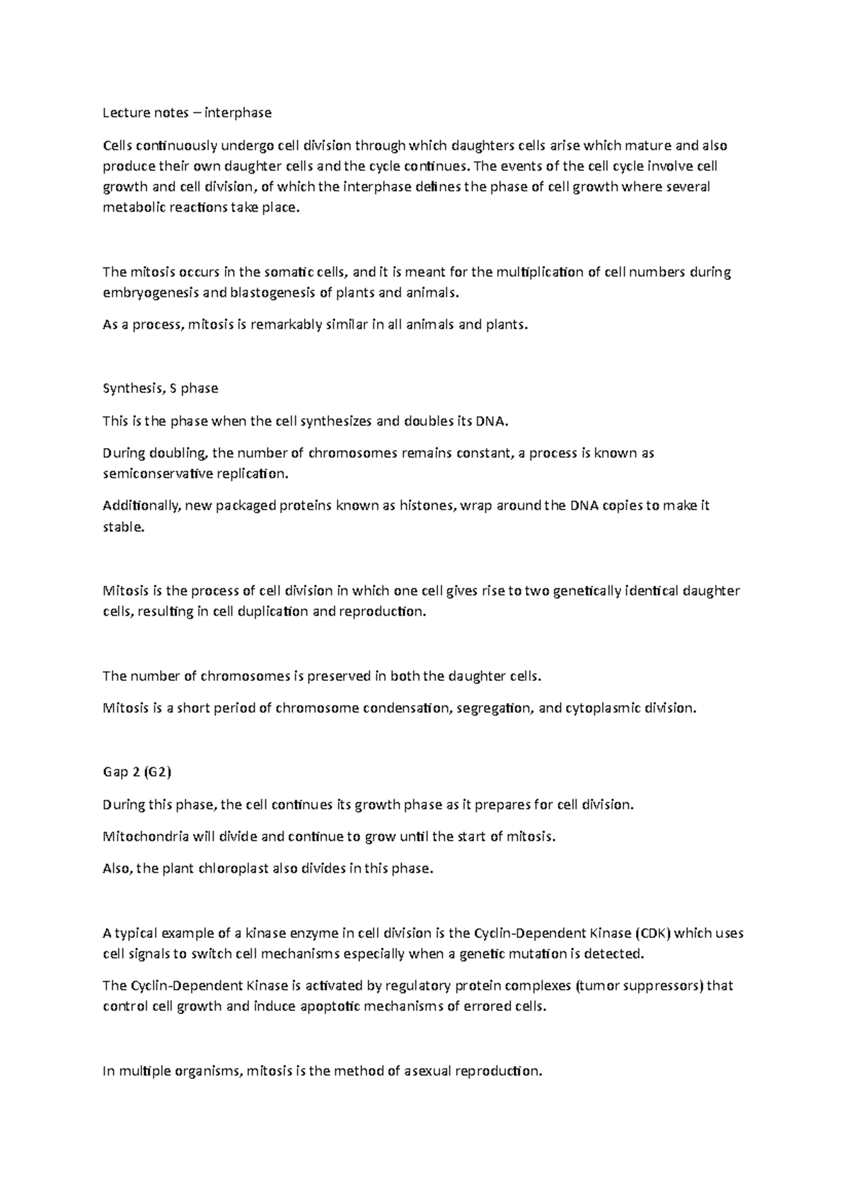 Lecture notes – interphase - Lecture notes – interphase Cells ...