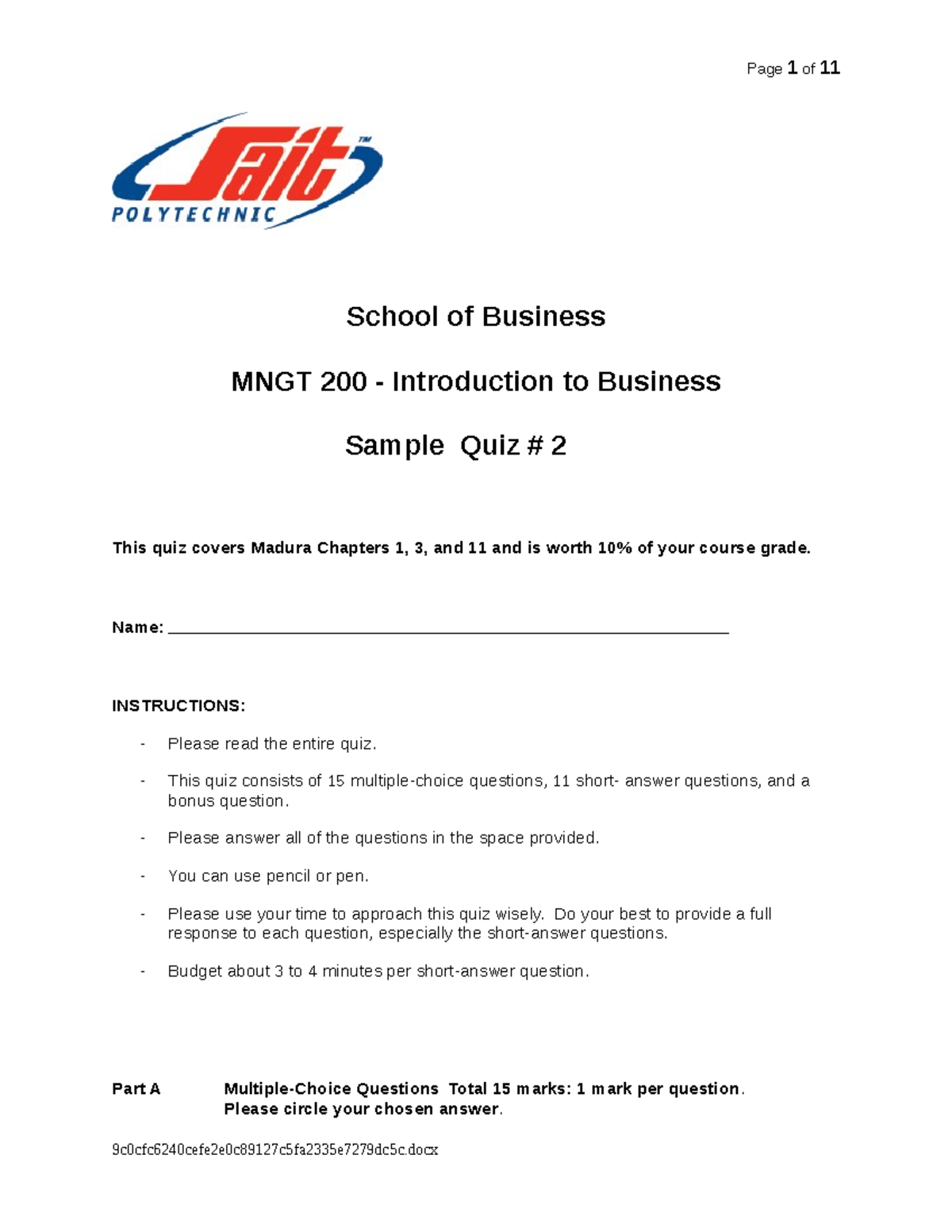 Quiz 2017, questions - School of Business MNGT 200 - Introduction to ...