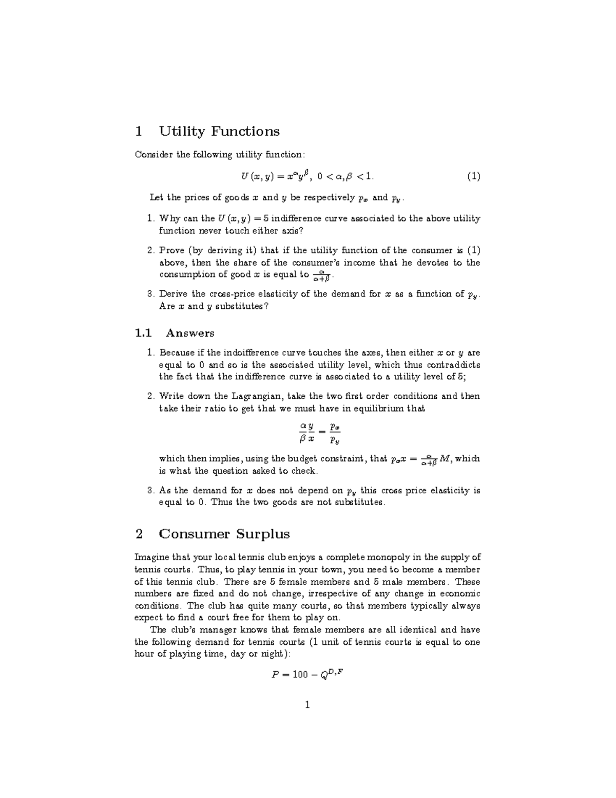 Exam questions - 1 Utility Functions Consider the following utility ...