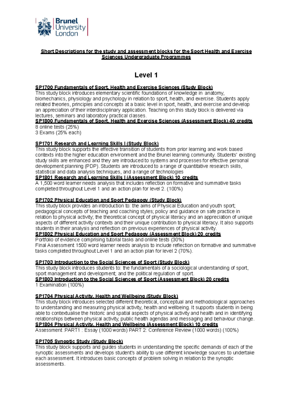 UG Study Block Summaries (19-20) - Short Descriptions for the study and ...