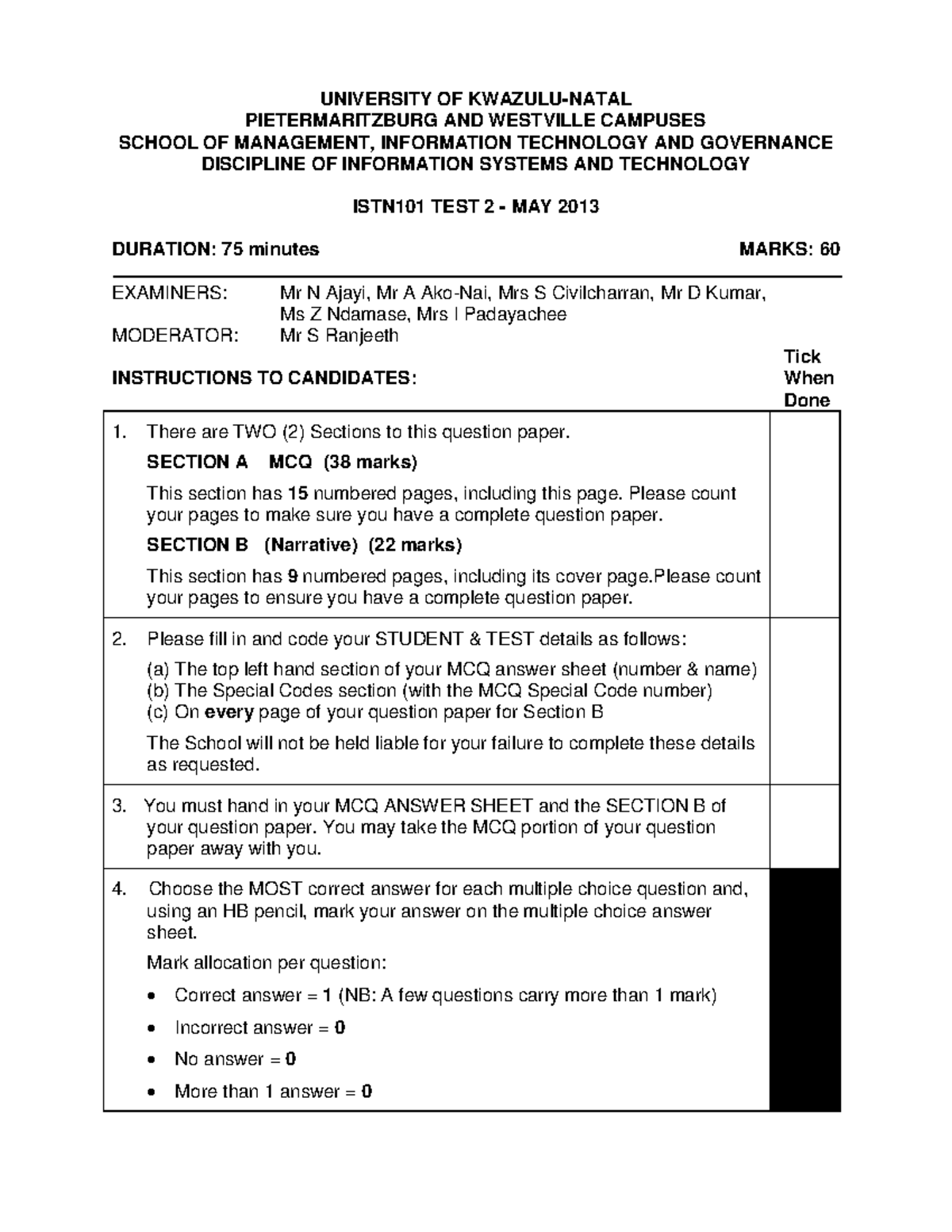 ISTN101 Test 2 Section A - UNIVERSITY OF KWAZULU-NATAL PIETERMARITZBURG ...