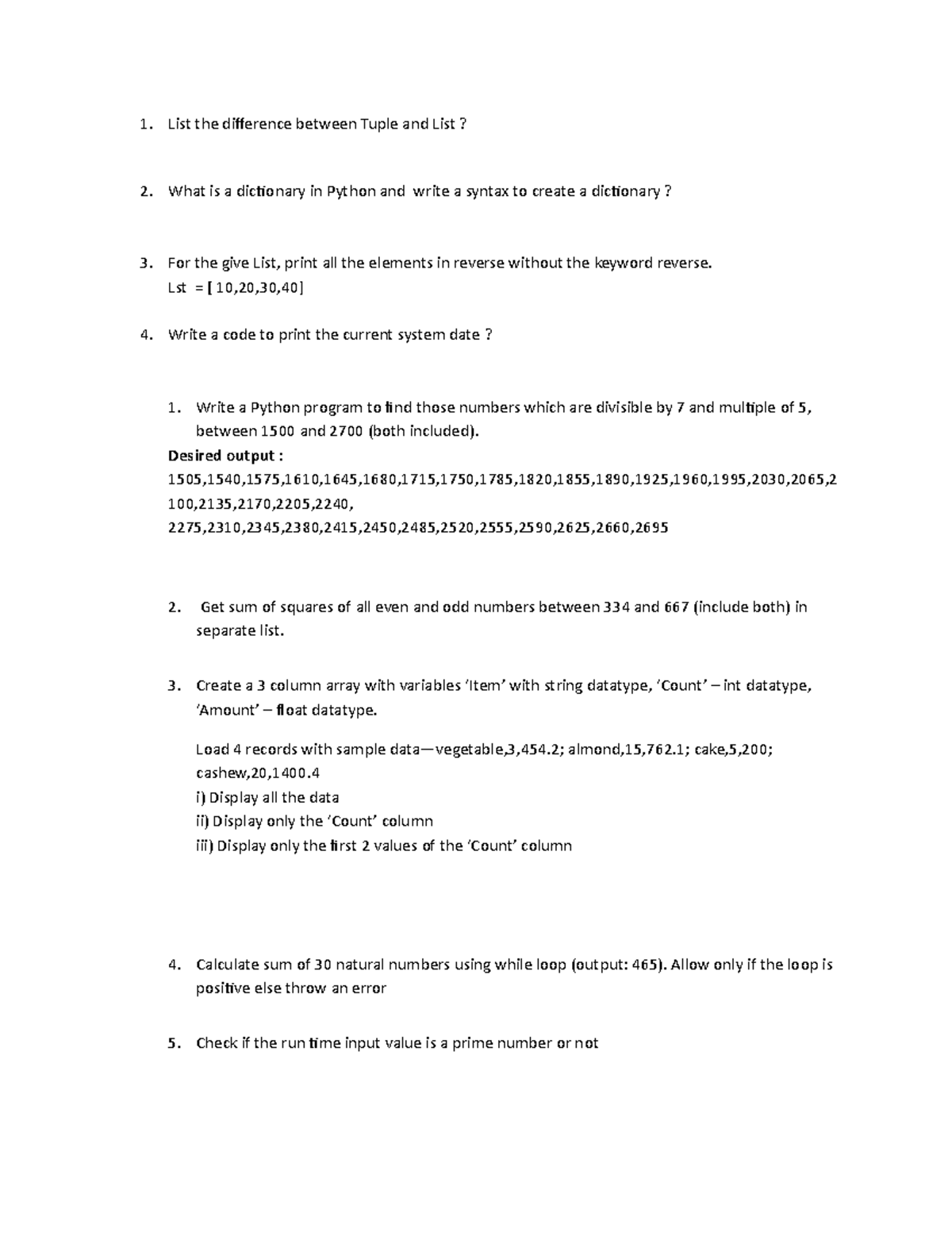 Python Assesment questions 1 - List the diference between Tuple and ...