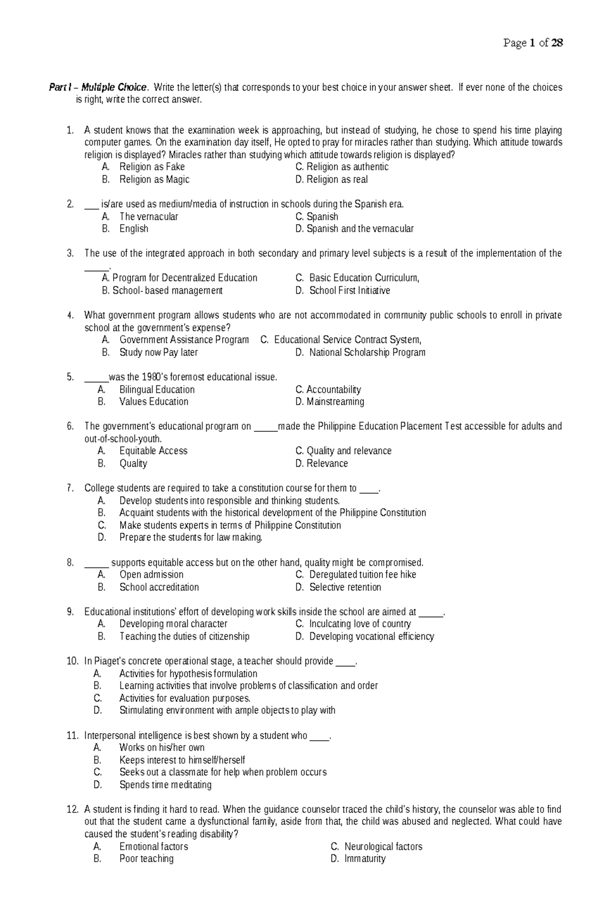 Reviewer PART 1 - Part I – Multiple Choice. Write the letter(s) that ...