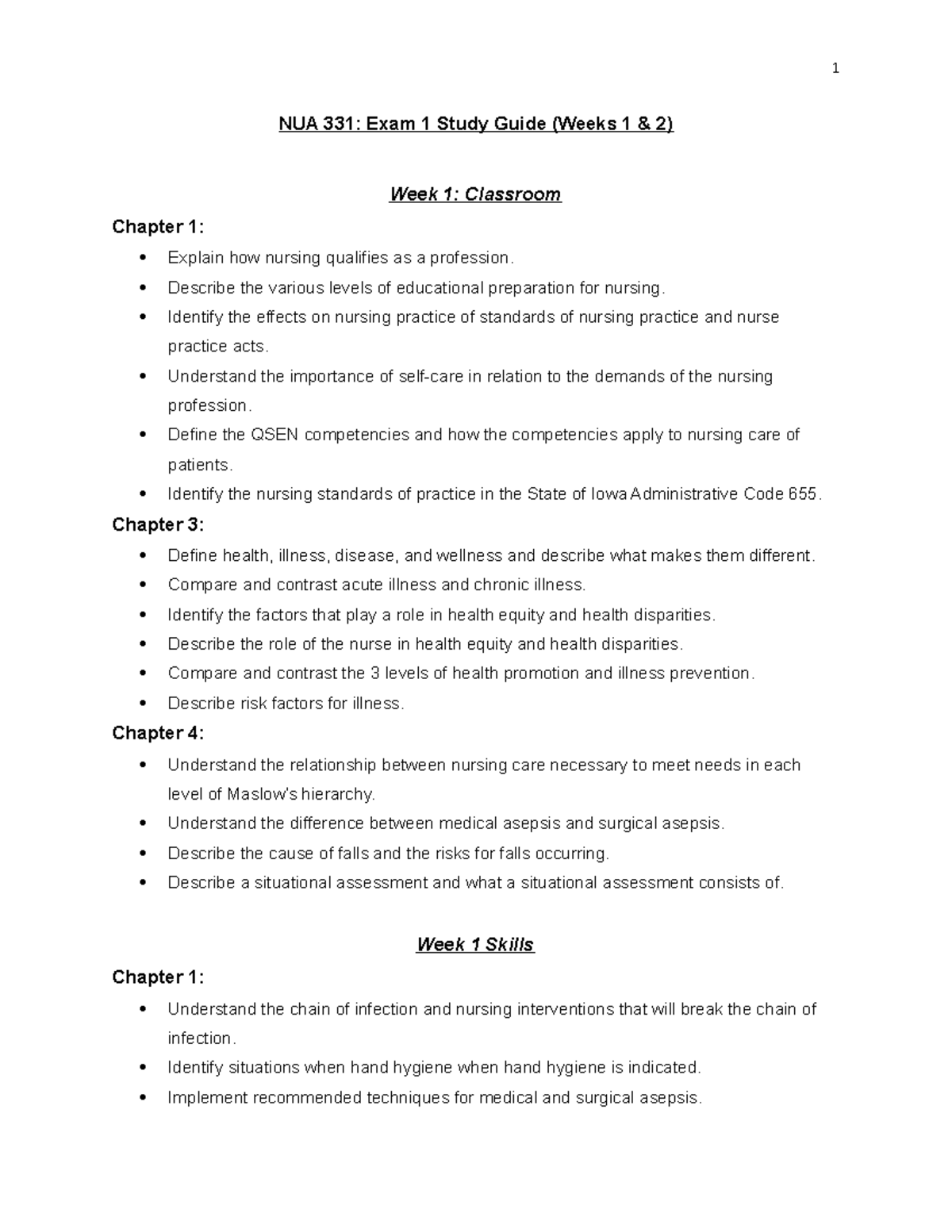 Exam 1 SG - E1 Study guide - NUA 331: Exam 1 Study Guide (Weeks 1 & 2 ...