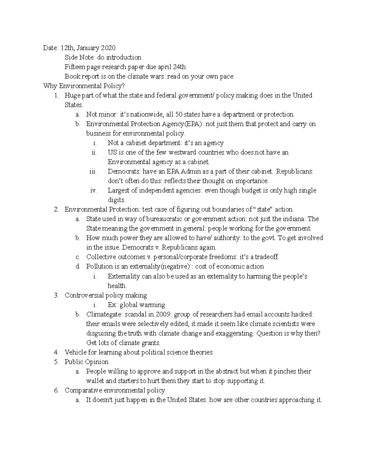 Environmental Policy Notes 1 - Date: 12th, January 2020 Side Note: do ...