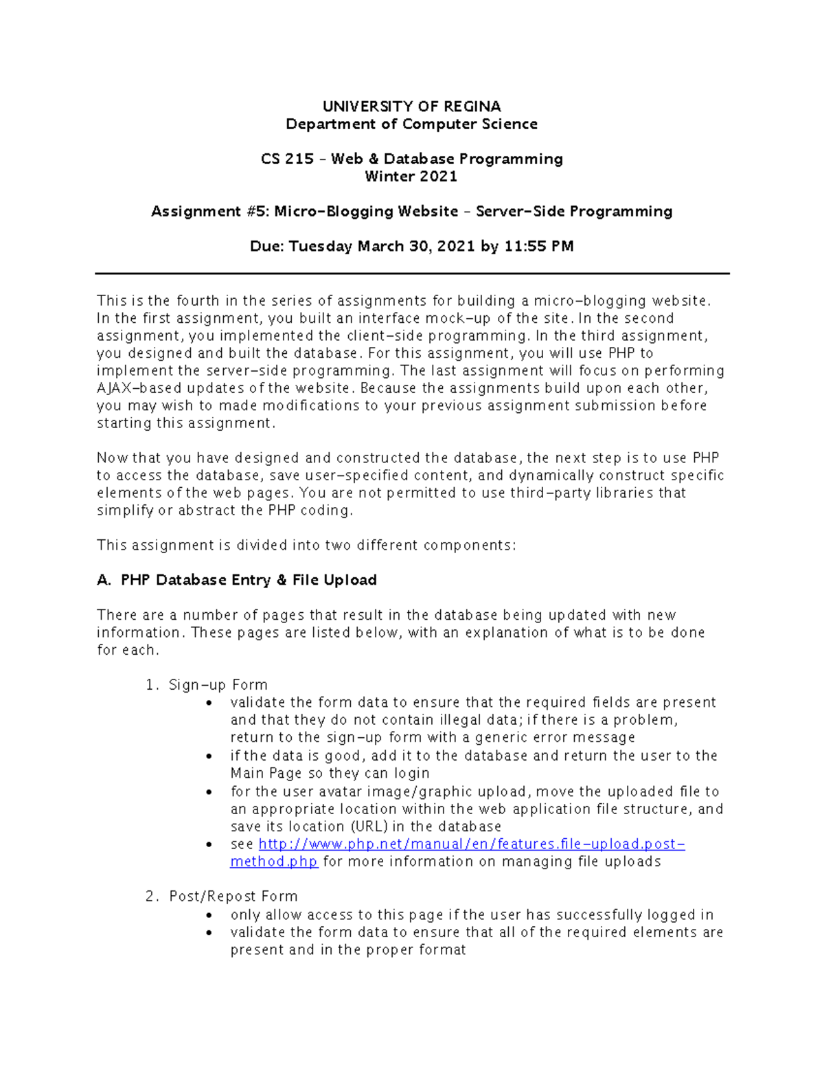 CS215-a5 - Assignment for students - UNIVERSITY OF REGINA Department of ...