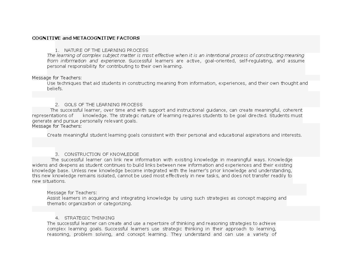 Ed111 - COGNITIVE and METACOGNITIVE FACTORS 1. NATURE OF THE LEARNING ...