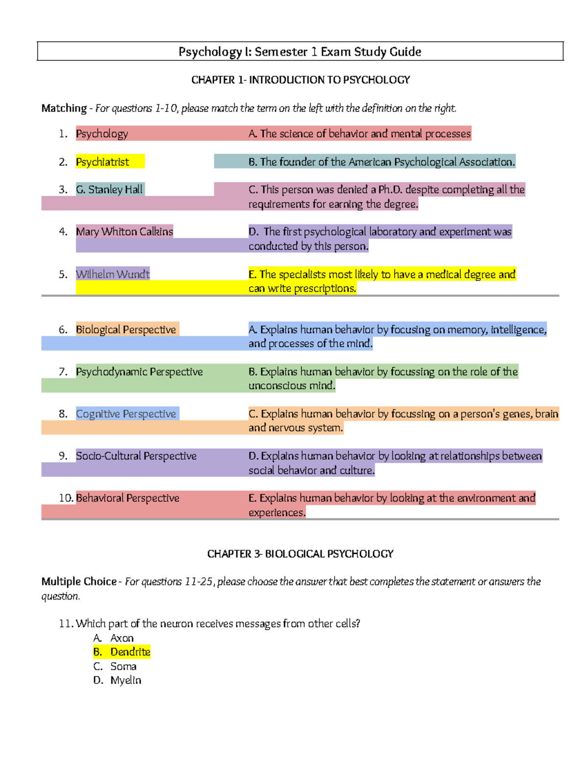 Copy of Psychology Semester 1 Exam Study Guide - Psychology I: Semester ...