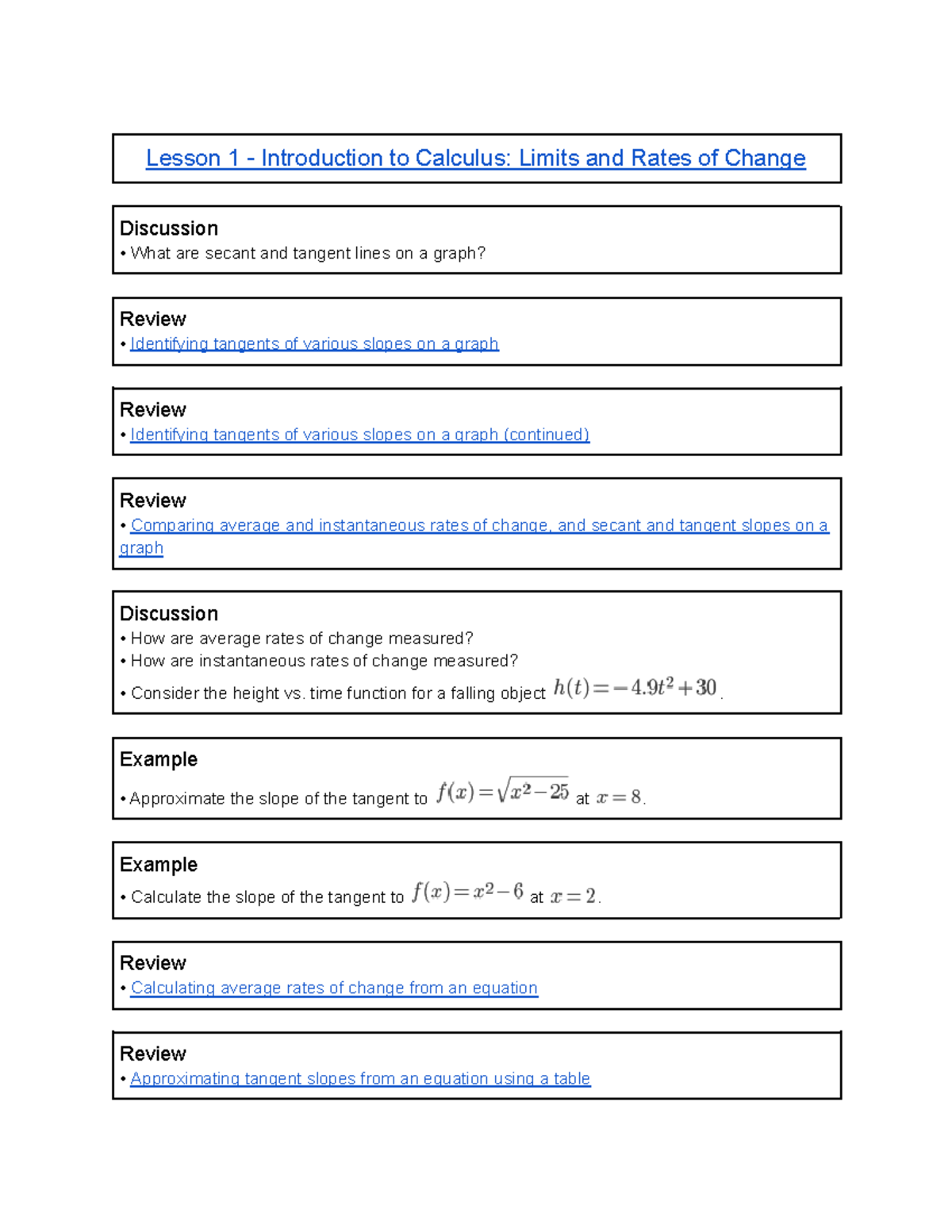 1 Functions, Graphs, and Limits 1 Introduction to Calculus Limits ...