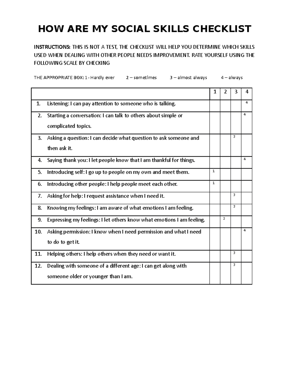 ACTIVITY 4 SOCORN UB - HOW ARE MY SOCIAL SKILLS CHECKLIST INSTRUCTIONS ...