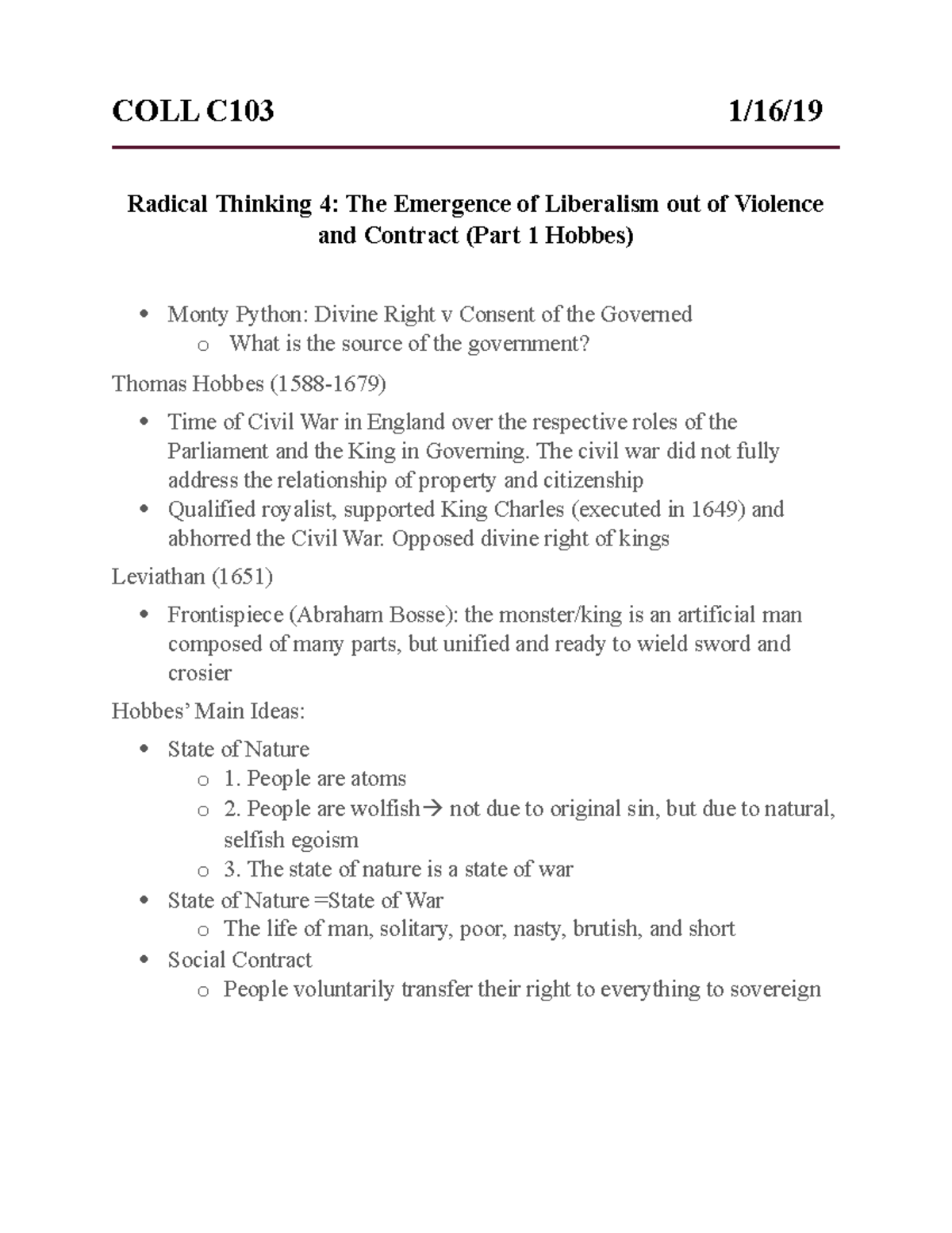 Lecture 5 - COLL C103 1/16/19 Radical Thinking 4: The Emergence of ...