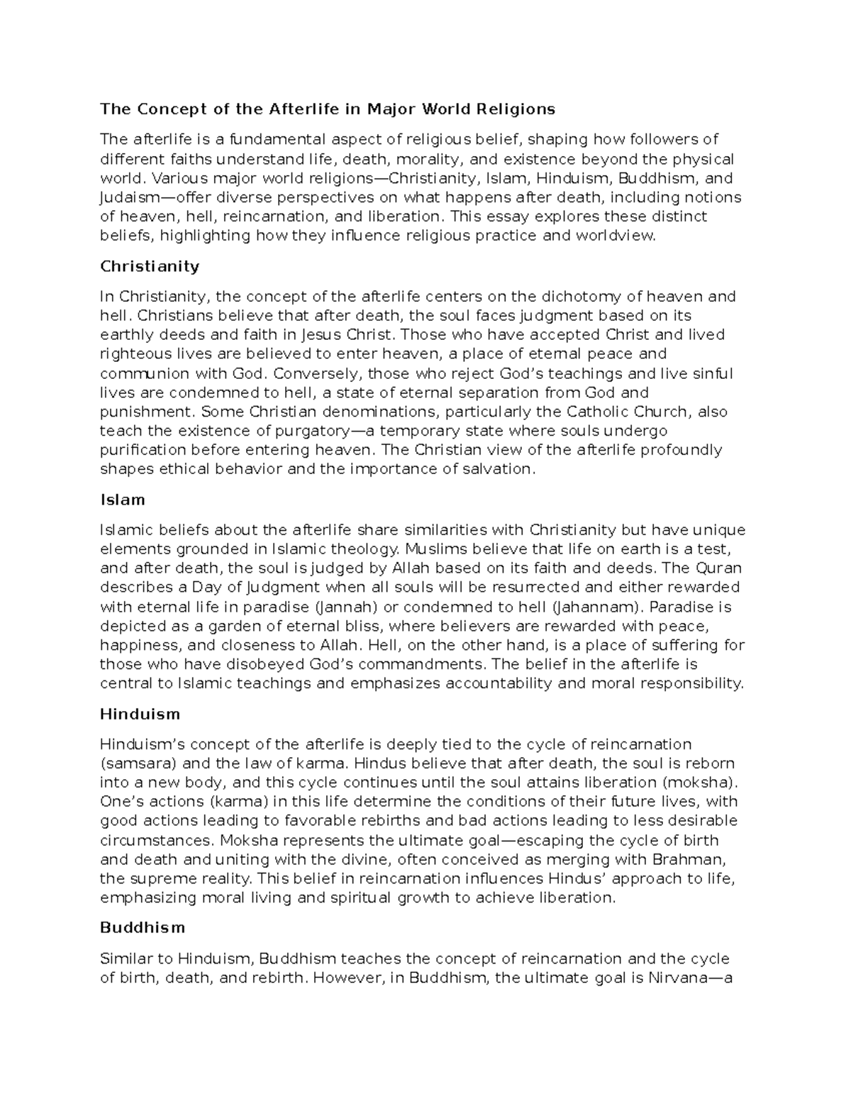 The Concept of the Afterlife in Major World Religions - Various major ...