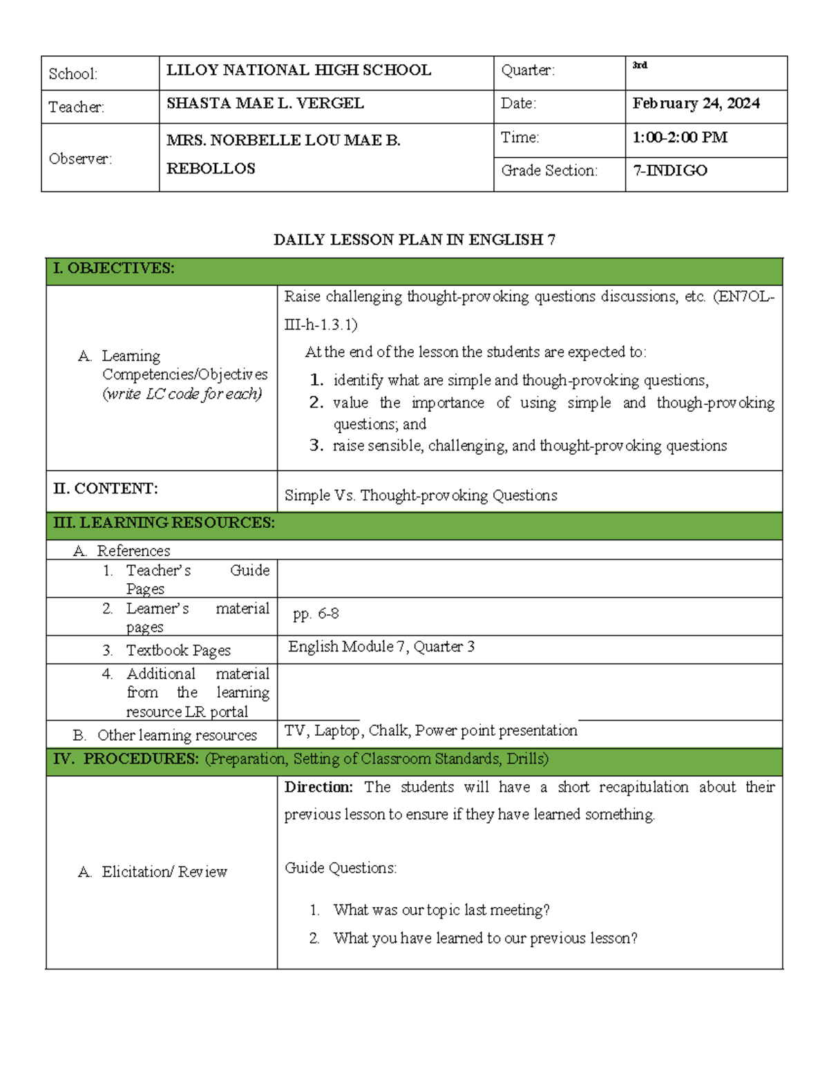 LP4 - for reference - DAILY LESSON PLAN IN ENGLISH 7 I. OBJECTIVES: A ...