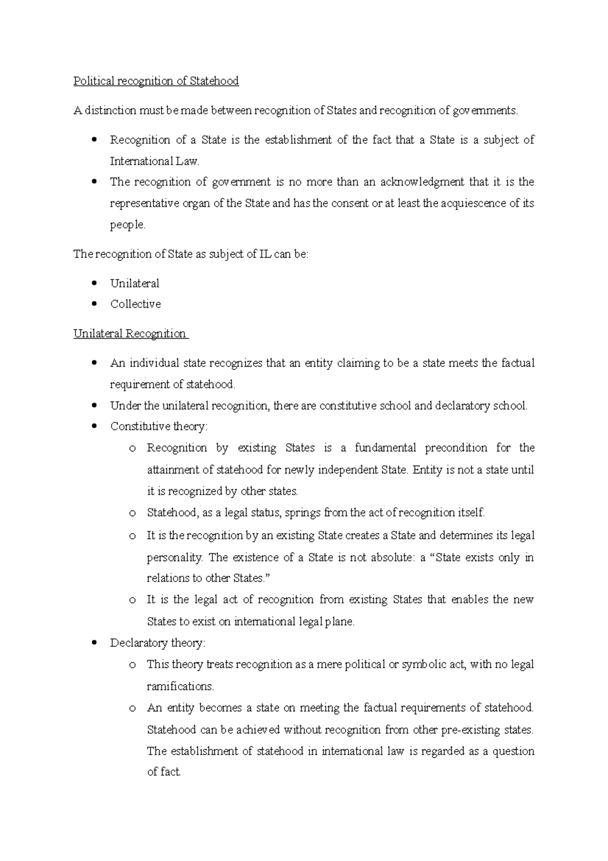 Public International Law 1 - Political recognition of Statehood A ...
