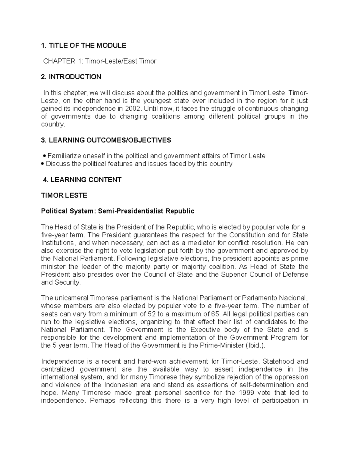 1. Timor Leste - 1. TITLE OF THE MODULE CHAPTER 1: Timor-Leste/East Timor INTRODUCTION In this ...