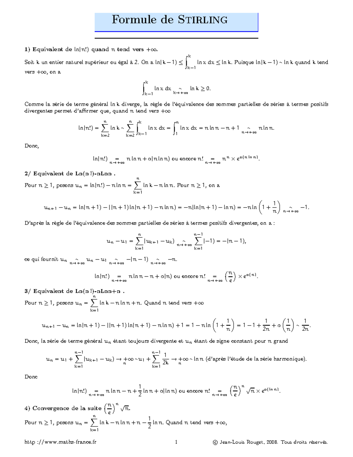 Formule de stirling 1 - Analyse - Formule de Stirling Equivalent de ln ...