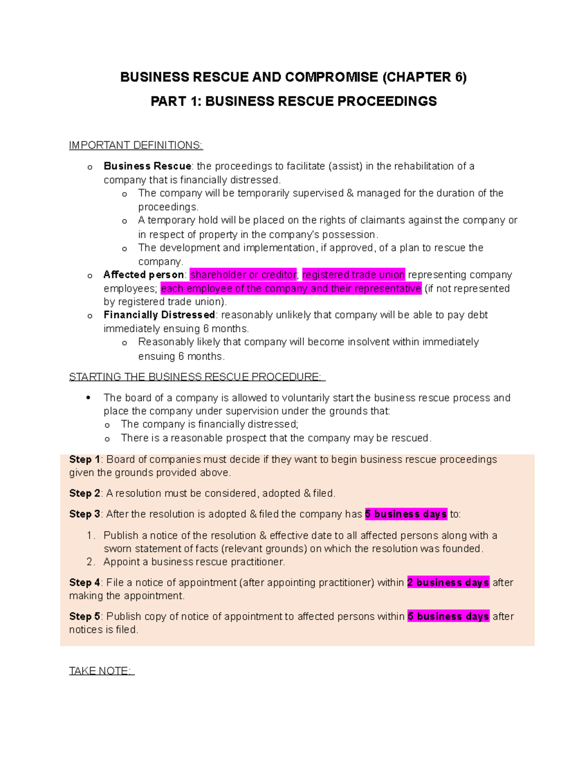 Business Rescue - Notes - BUSINESS RESCUE AND COMPROMISE (CHAPTER 6 ...