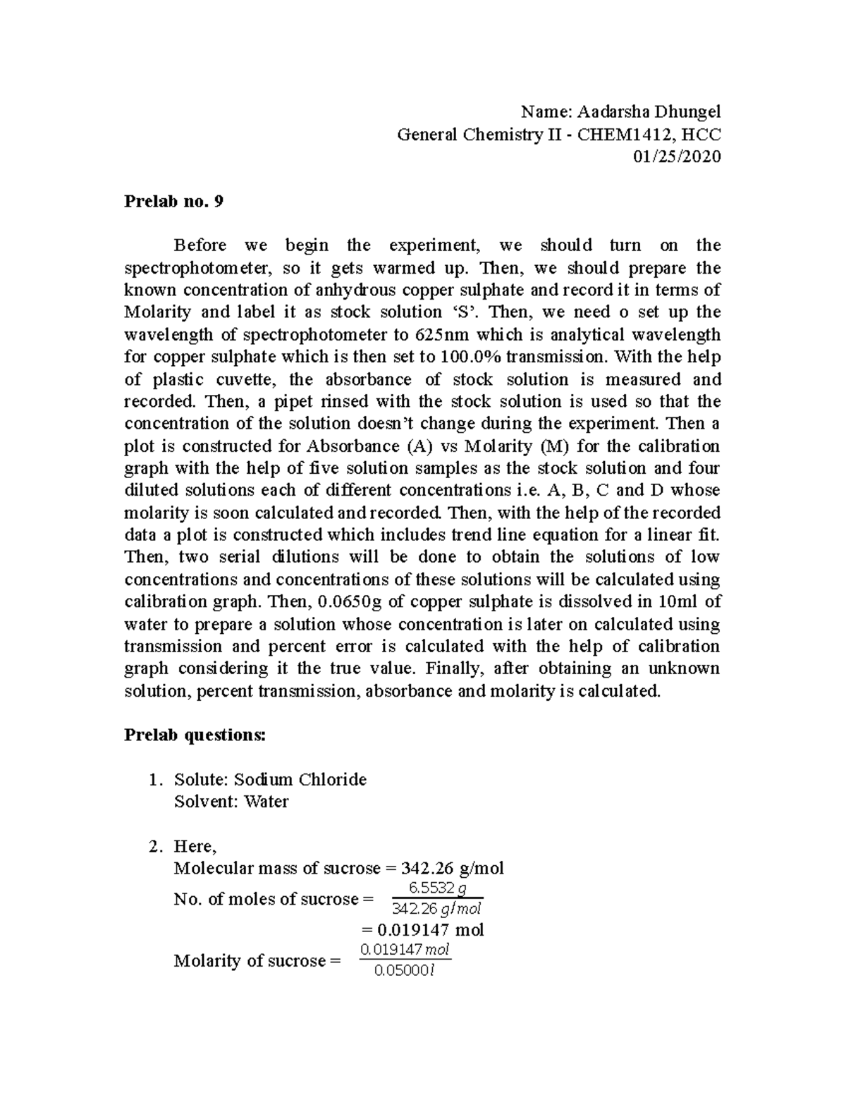 Pre lab 9 - CHEM - Pre lab - Name: Aadarsha Dhungel General Chemistry ...