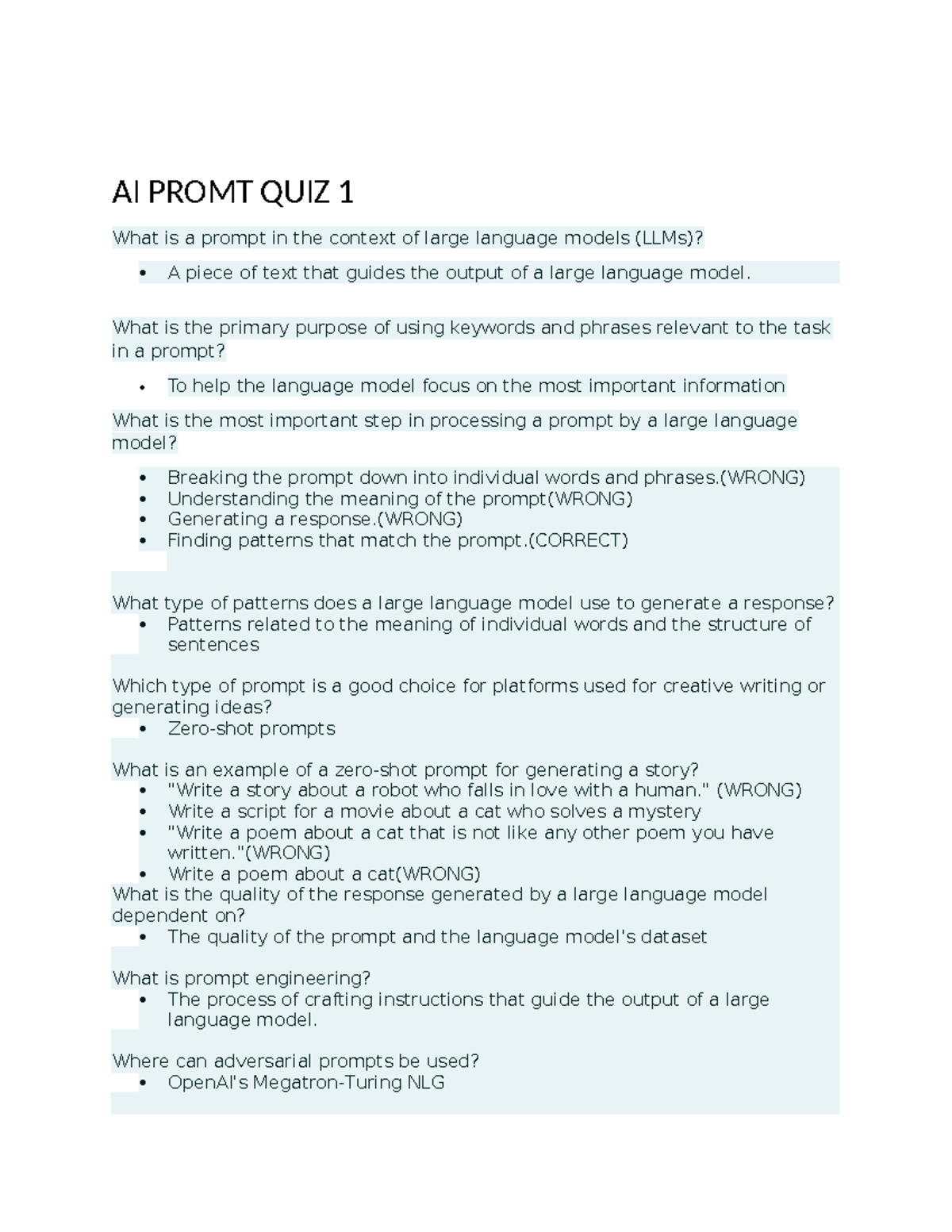 AI Promt QUIZ 1 - ai prompt - AI PROMT QUIZ 1 What is a prompt in the ...