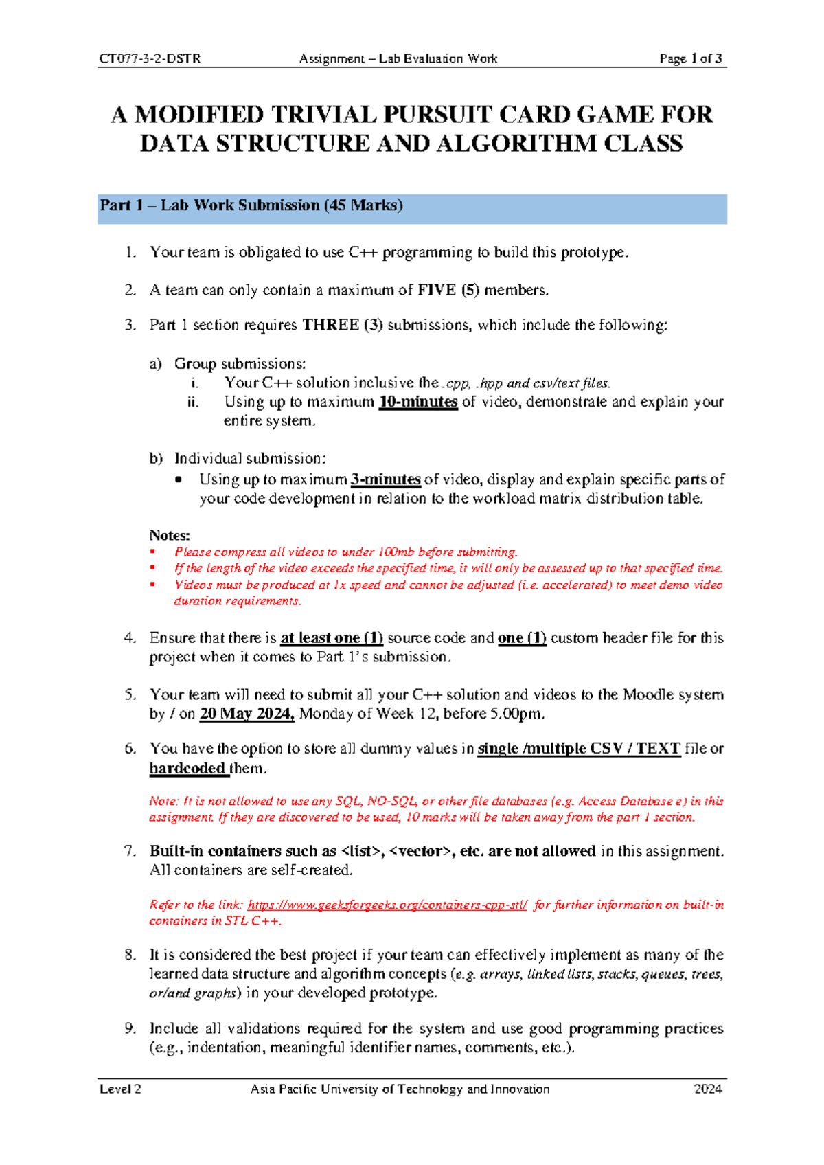 Assignment Task #1 - Lab Evaluation Work - [Question] - 45 marks - CT077- 3 - 2 - DSTR ...