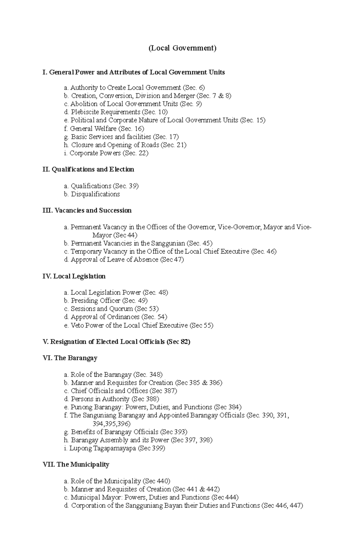 Outline-local-govt - ayaw - (Local Government) I. General Power and ...