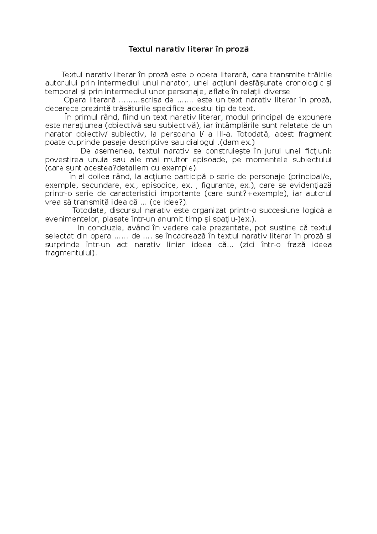 Textul narativ lit - model explicat - Textul narativ literar în proză Textul narativ literar în ...