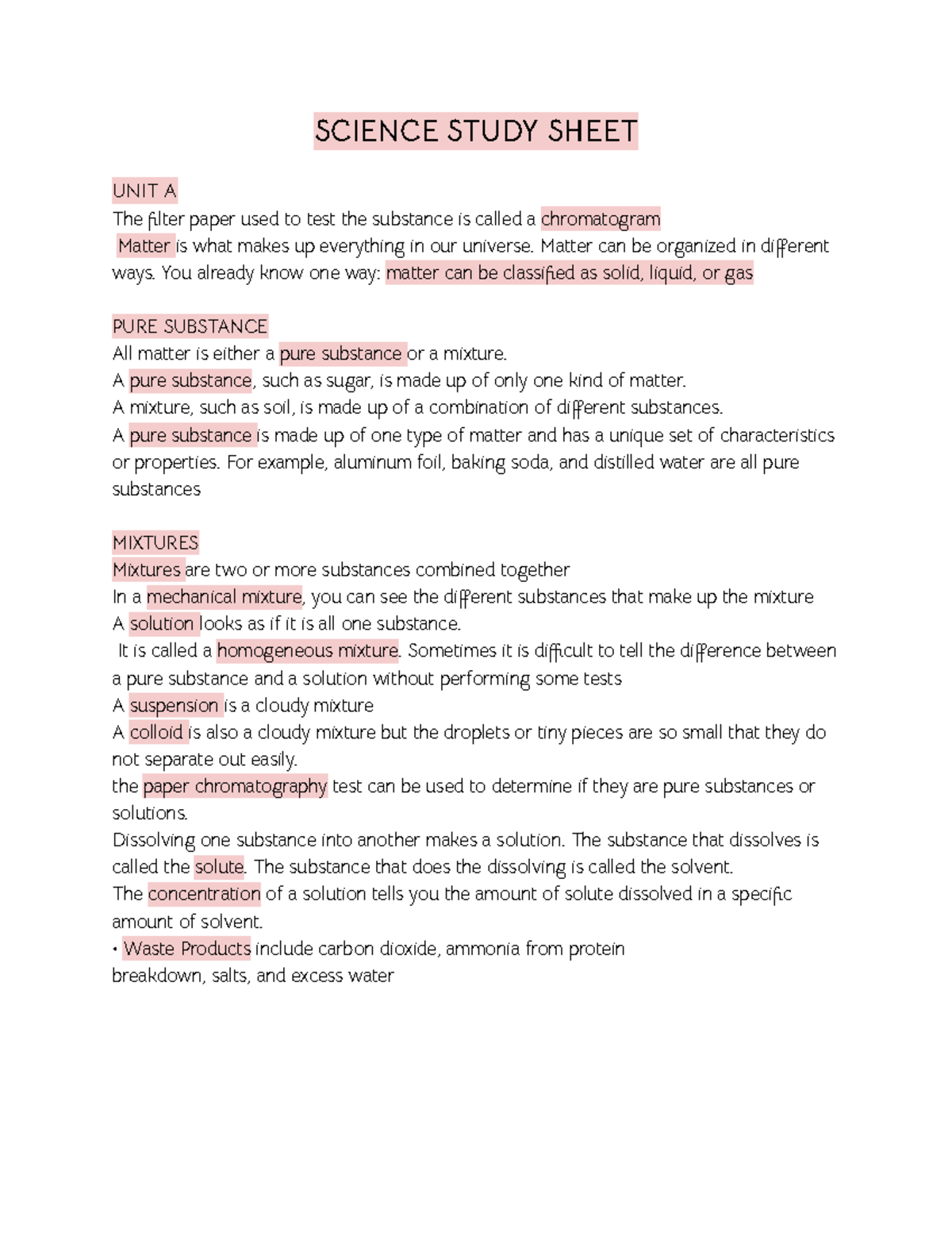 Science notes - SCIENCE STUDY SHEET UNIT A The filter paper used to ...