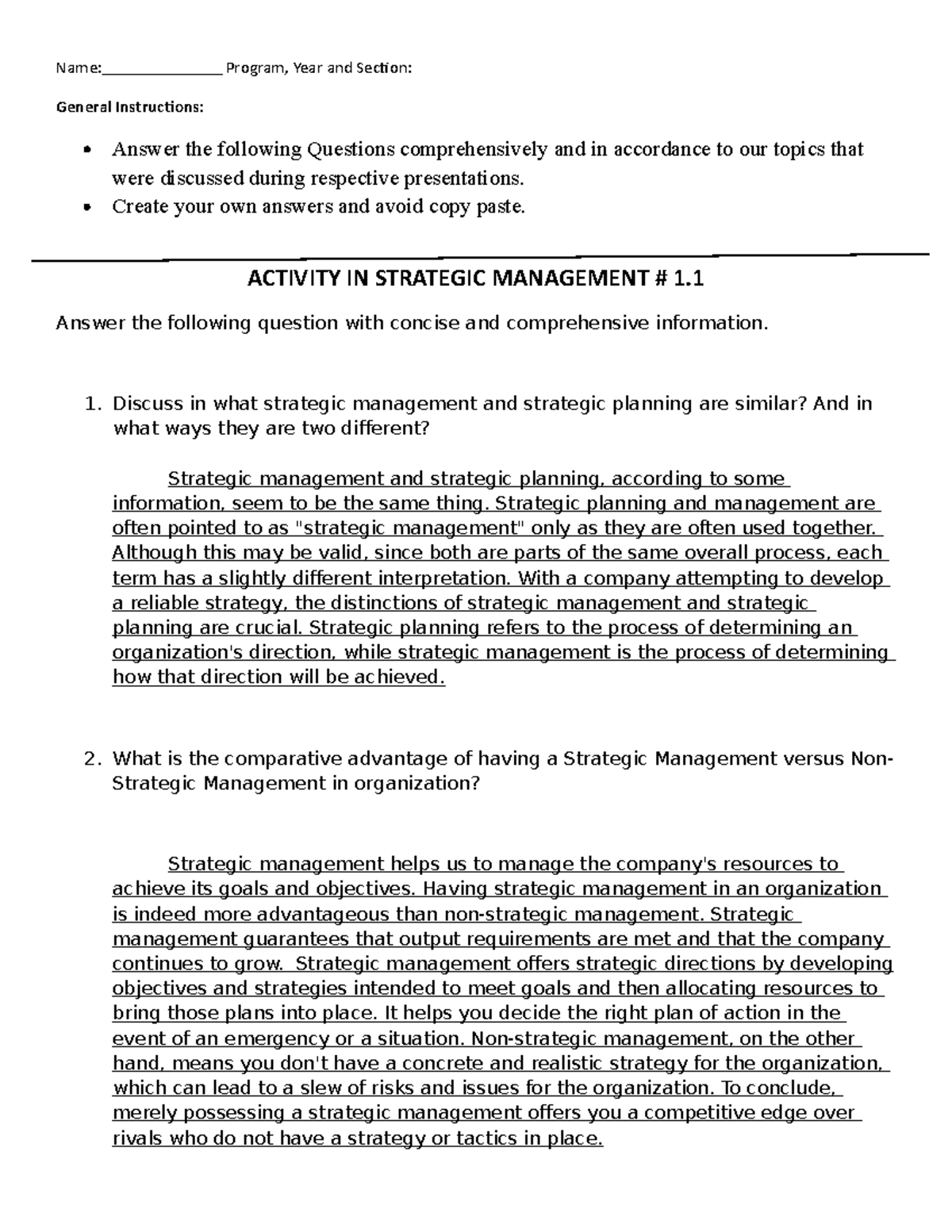 Strategic Management Sample Activity 1 - Operations Management CBME ...