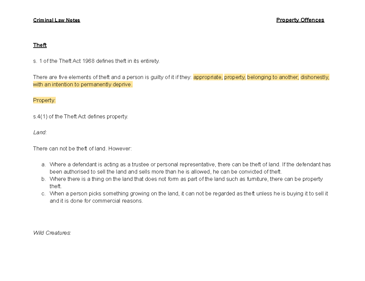 Property Offences - Theft s. 1 of the Theft Act 1968 defines theft in ...