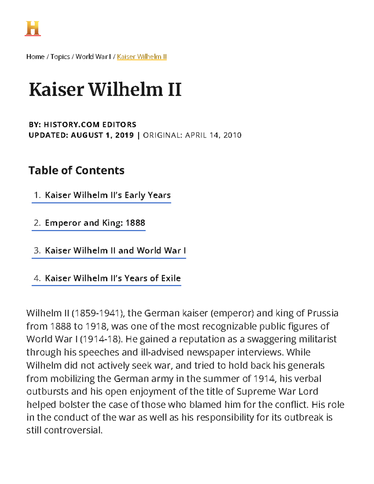 Kaiser Wilhelm II - WWI, Abdication & Death - Table of Contents Kaiser ...