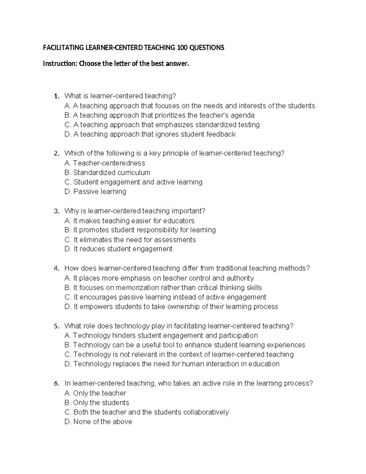 Facilitating Learner-Centered Teaching - FACILITATING LEARNER-CENTERD TEACHING 100 QUESTIONS ...
