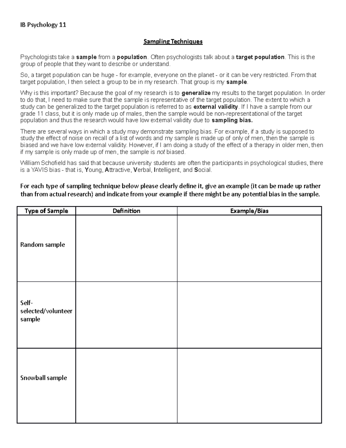 Sampling techniques - IB Psychology 11 Sampling Techniques ...
