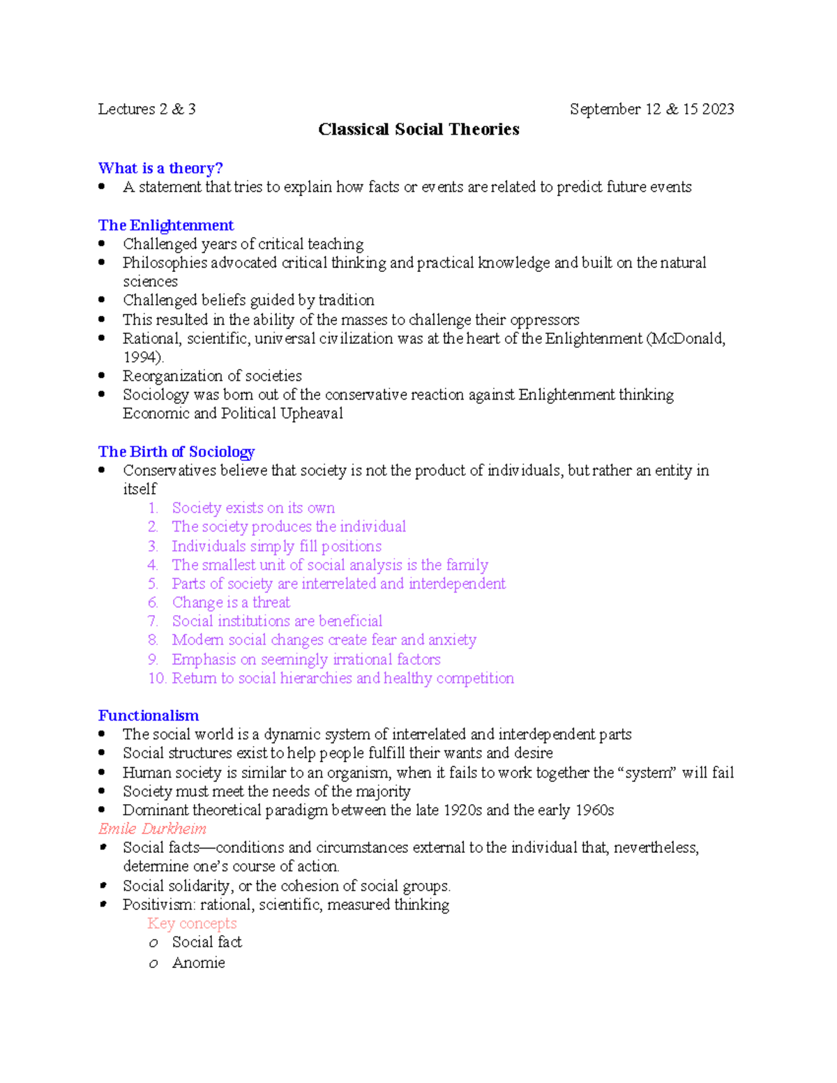 Classical Social Theories - Lectures 2 & 3 September 12 & 15 2023 ...