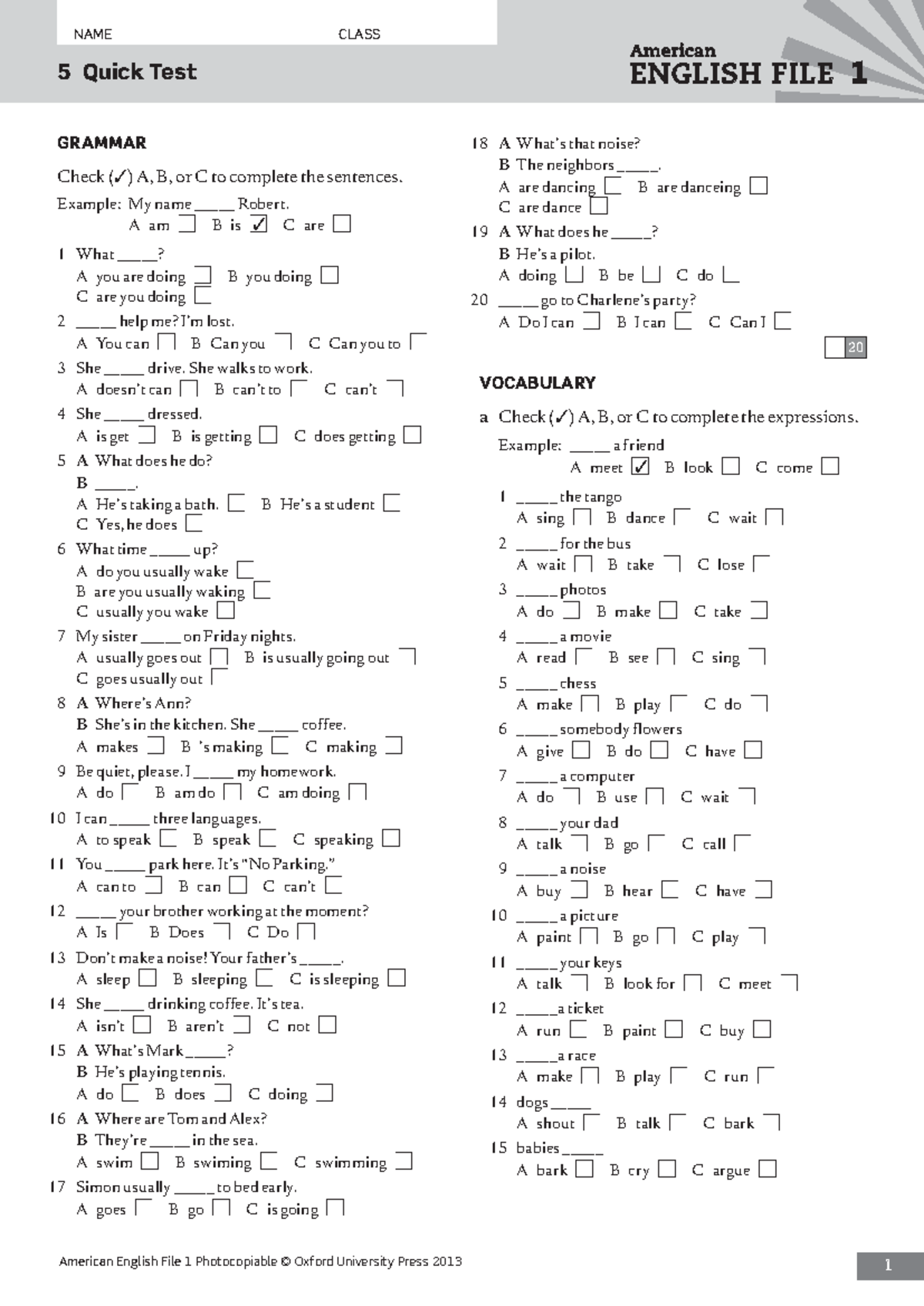 AEF1 File5 Quick Test - practica - 1 NAME CLASS 5 Quick Test American ...